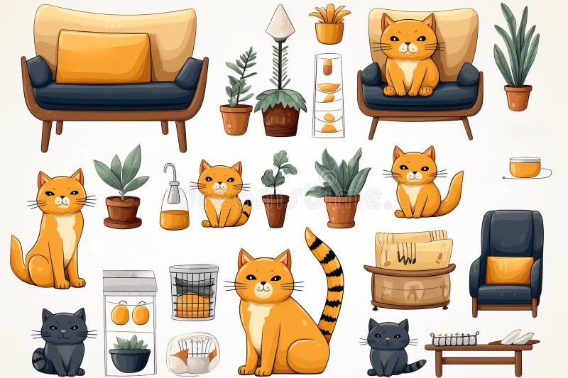 Cute Cat with a Set of Things for Cat Fun, Illustration with a Cat on a ...