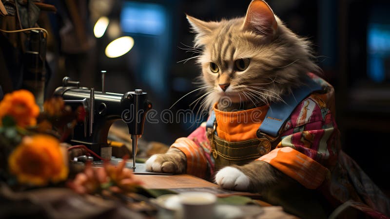Cute Cat with a Sewing Machine on the Background of a Workshop Ai ...