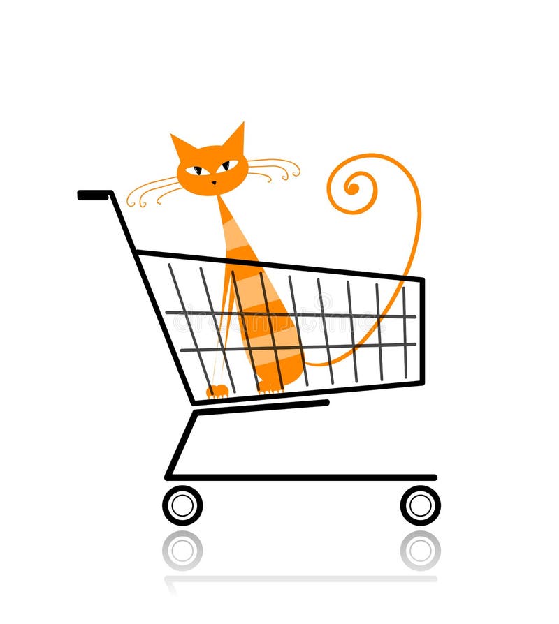 Cute Cat in Shopping Cart for Your Design Stock Vector - Illustration ...