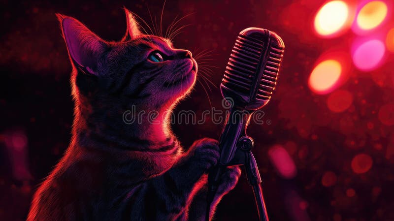 Cute Cat Singing into Microphone Under Colorful Stage Lights Stock ...