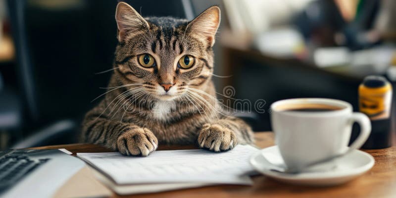 A Cute Cat Sits at a Desk in a Cozy Workspace. it Looks Curious and ...