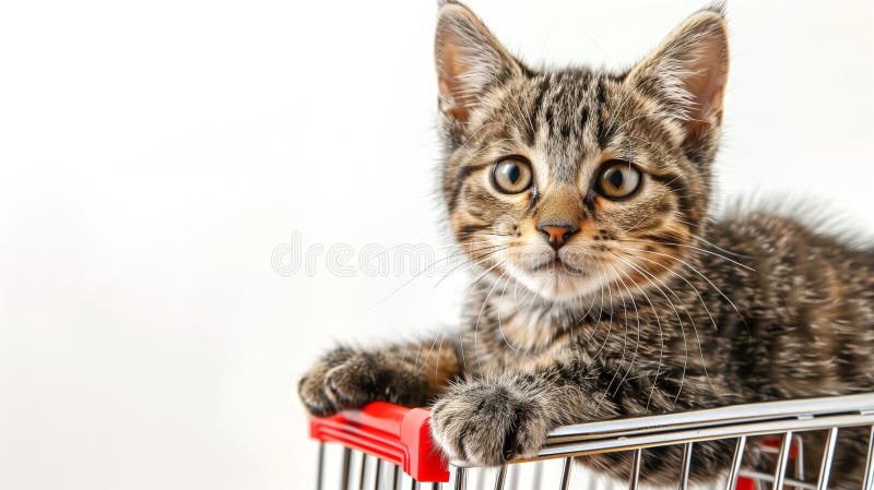 A Cute Cat Sits in a Shopping Cart, Copy Space Stock Illustration ...