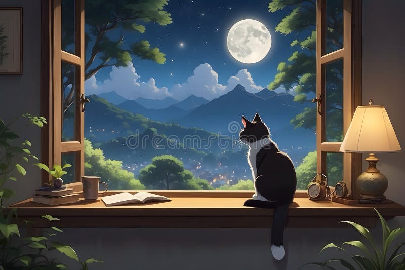 A Cute Cat Sitting Alone and Watching the Moon Stock Image - Image of ...