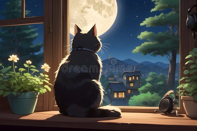 A Cute Cat Sitting Alone and Watching the Moon Stock Photo - Image of ...