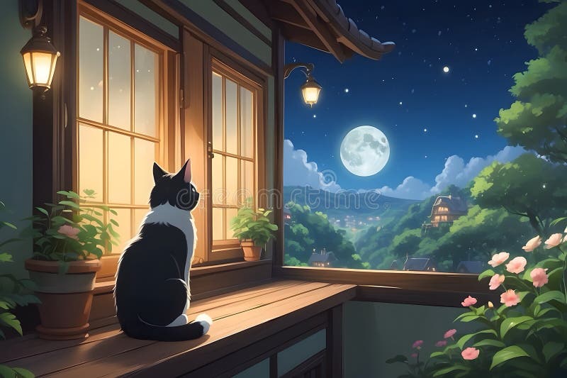 A Cute Cat Sitting Alone and Watching the Moon Stock Image - Image of ...