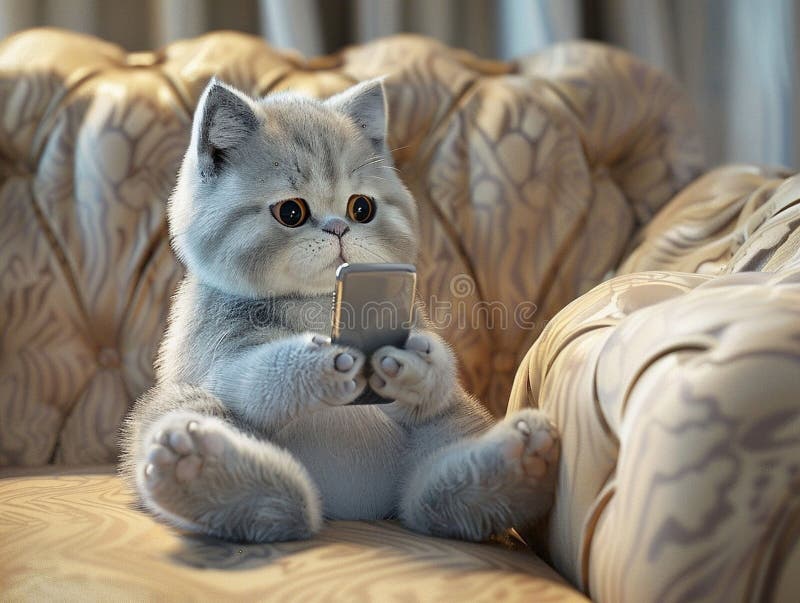 Cute Cat Sitting in Armchair with Mobile Phone Stock Illustration ...