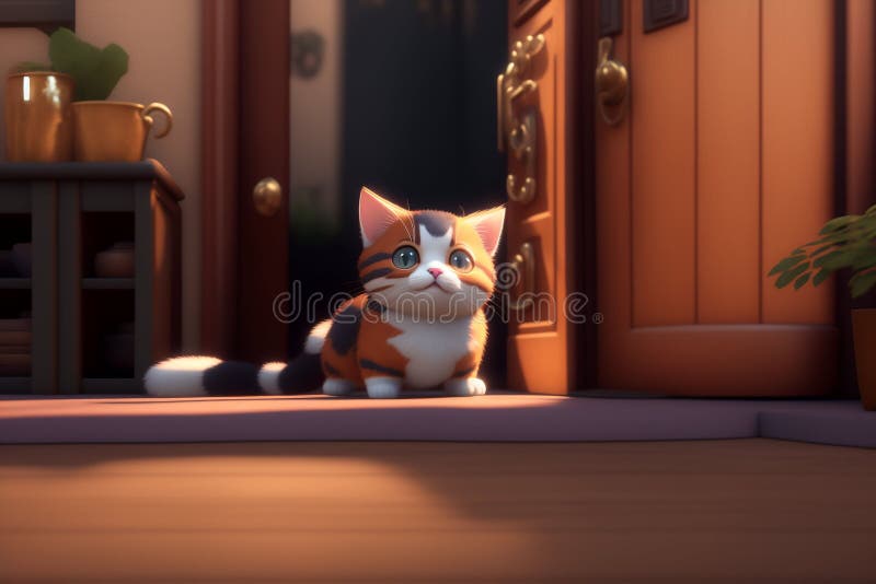 A Cute Cat is Sitting in Front of a Door, Awesome Animation Stock ...