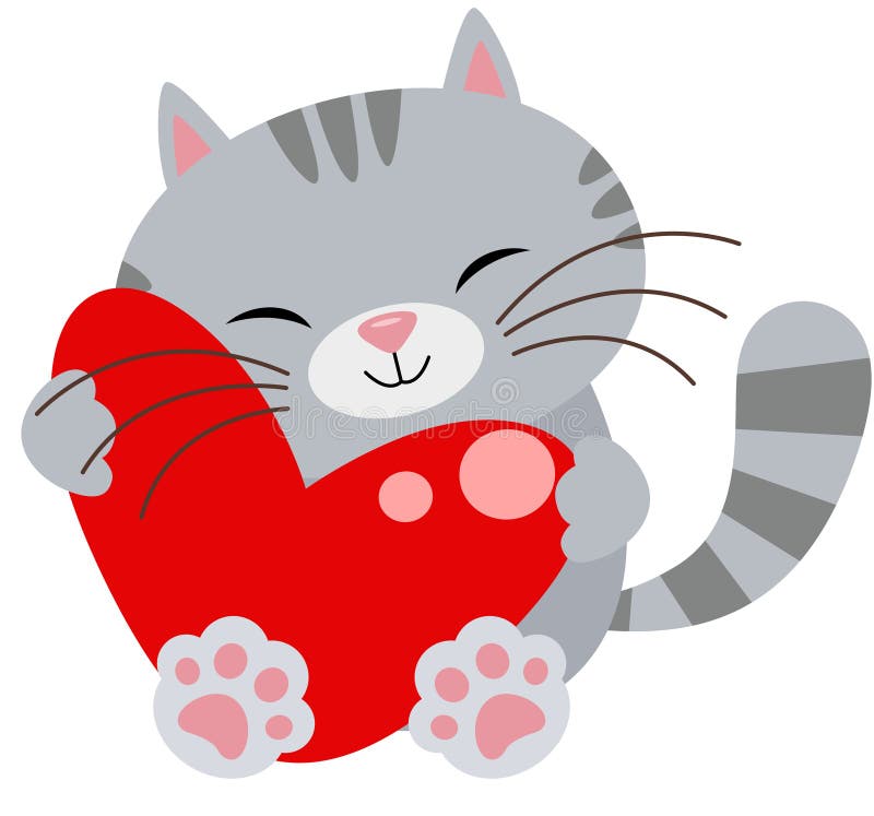 Cute Cat Sitting Holding a Big Heart Stock Photo - Illustration of cute ...