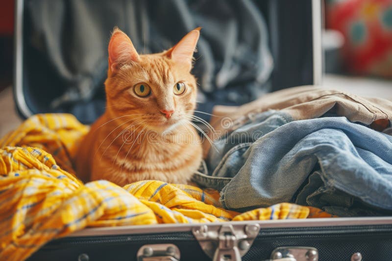 Cute Cat Sitting in an Open Suitcase among Summer Clothes. Generative ...