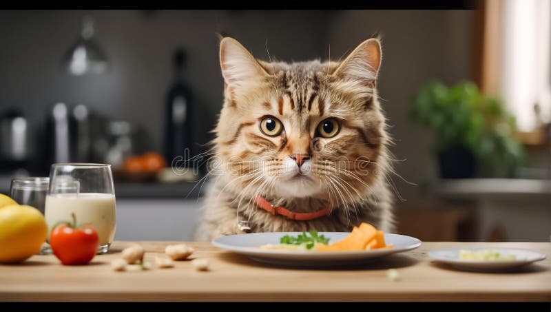 Cute Cat Sitting at the Table in the Kitchen Hungry Stock Illustration ...