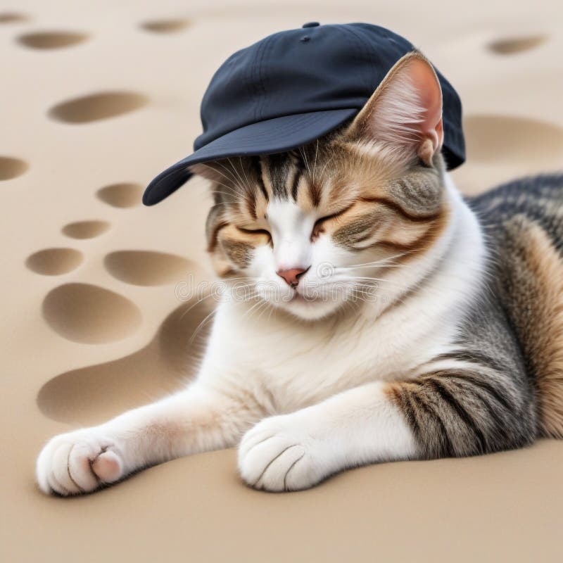 Cute Cat Sleep on the Sandy Beach Wearing Cap Stock Illustration ...