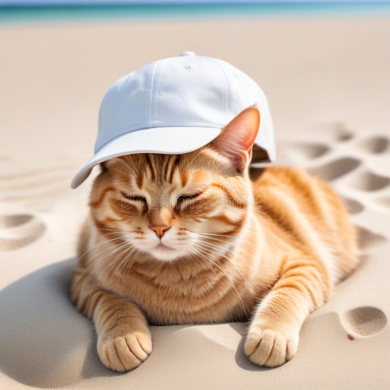 Cute Cat Sleep on the Sandy Beach Wearing Cap Stock Illustration ...