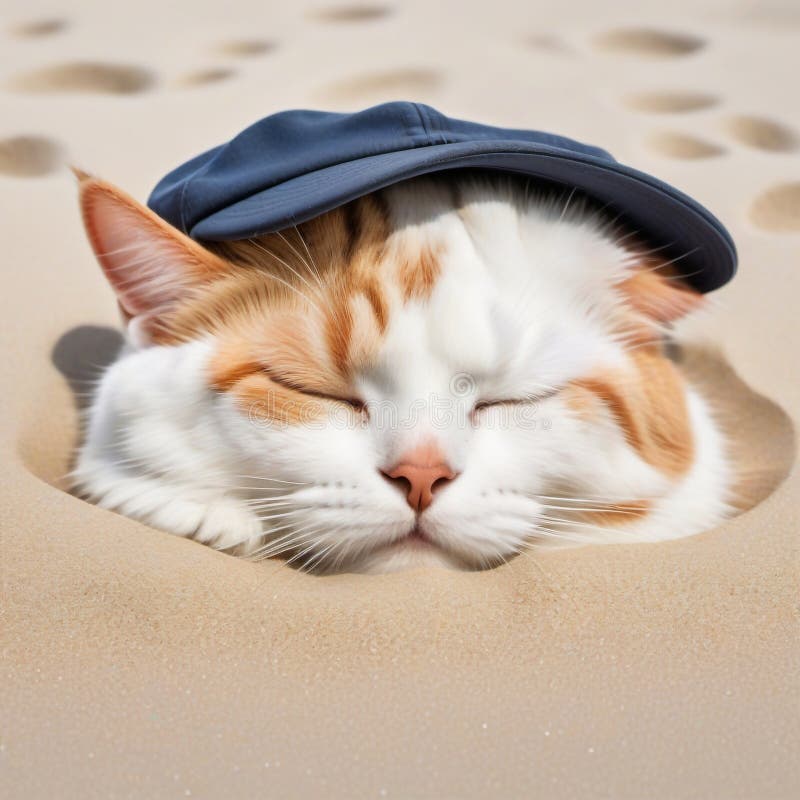 Cute Cat Sleep on the Sandy Beach Wearing Cap Stock Illustration ...