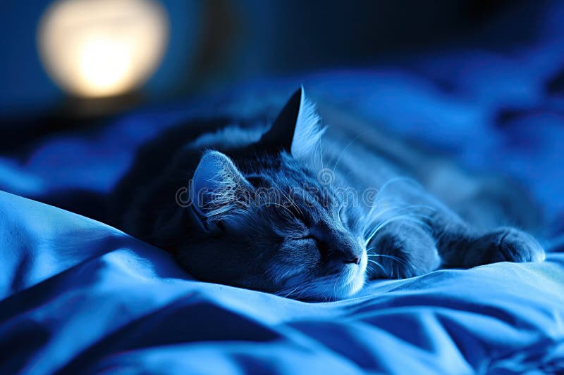 Cute Cat Sleeping on the Bed at Night Stock Illustration - Illustration ...