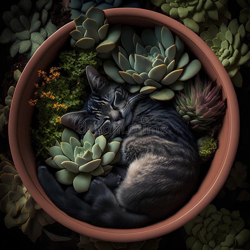 Cute Cat Sleeping in a Pot with Succulents. 3D Rendering Stock Image ...