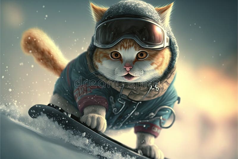Cute Cat Snowboarding on White Snow Illustration Generative Ai Stock ...