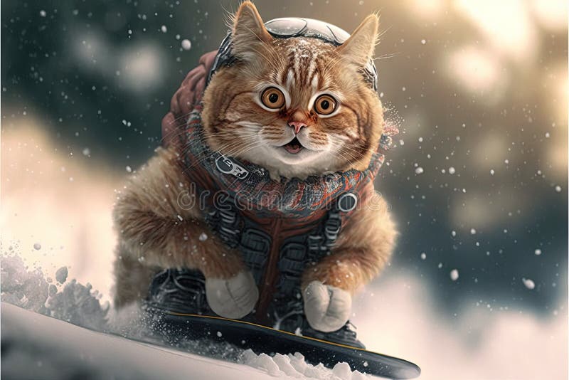 Cute Cat Snowboarding on White Snow Illustration Generative Ai Stock ...