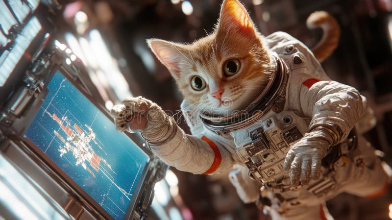Cute Cat in Space Suit Exploring Spaceship Controls Stock Image - Image ...