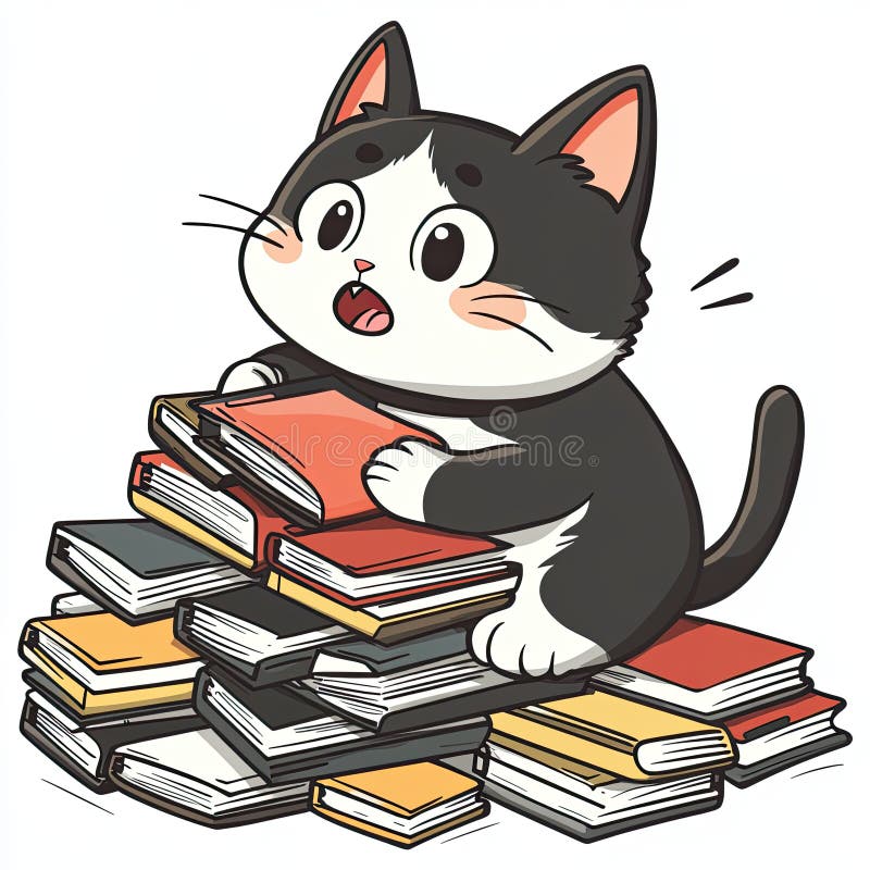 Cute Cat Struggling with Pile of Colorful Books in Office Setting Stock ...