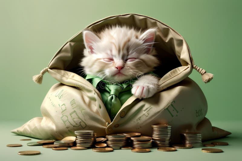 Cute Cat in a Suit with a Bag of Coins Stock Image - Image of profit ...