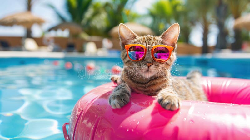 Cute Cat on Summer Pool Party. AI Generative Stock Illustration ...