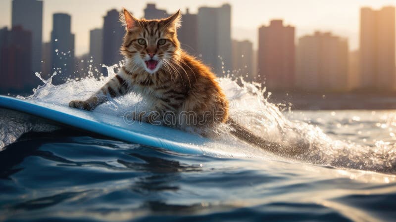 Cute Cat Surfing on a Surfboard in the Ocean Stock Illustration ...