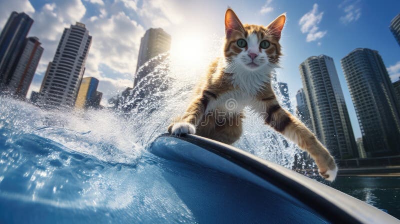 Cute Cat Surfing on a Surfboard in the Ocean Stock Illustration ...