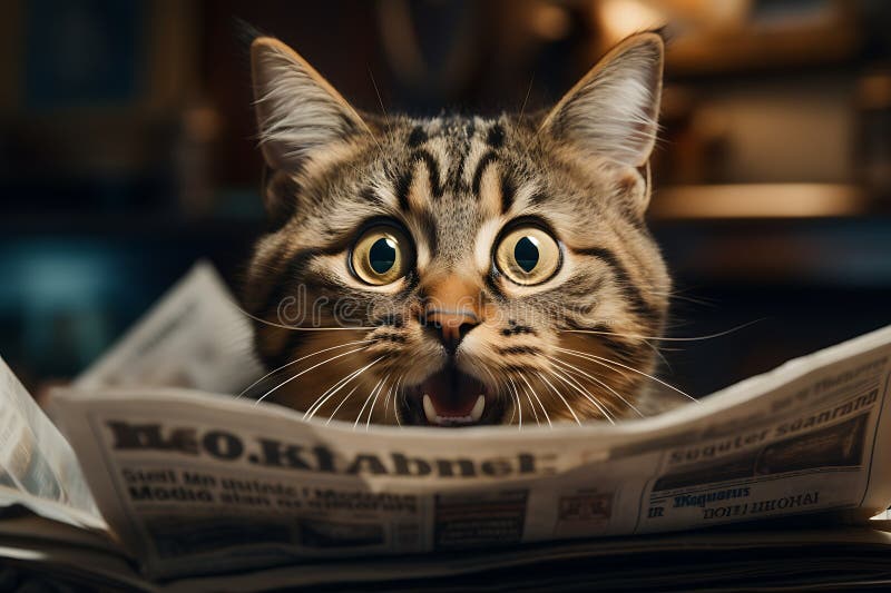 Cute Cat with Surprise Reading Newspaper at Home Stock Illustration ...