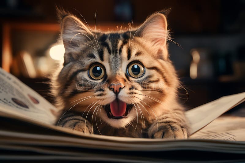 Cute Cat with Surprise Reading Newspaper at Home Stock Illustration ...
