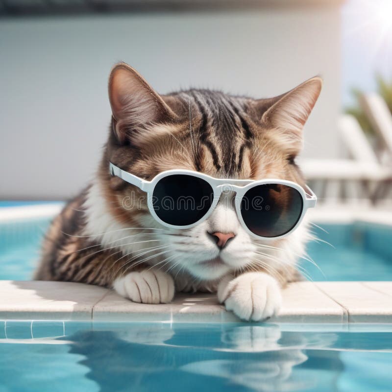 Cute Cat Swiming on the Pool Stock Illustration - Illustration of ...