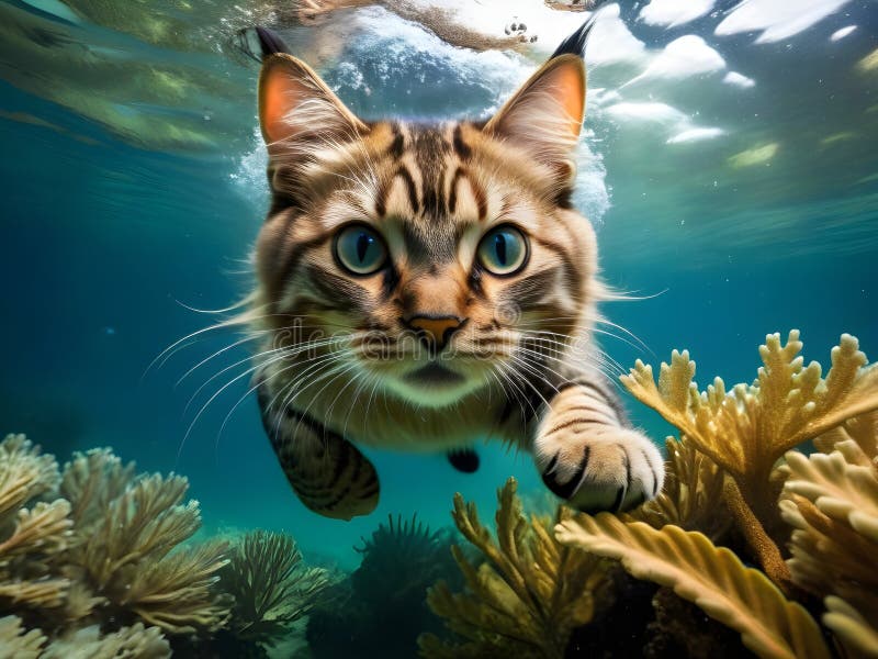 Cute Cat Swimming Underwater in the Ocean Stock Photo - Image of nature ...