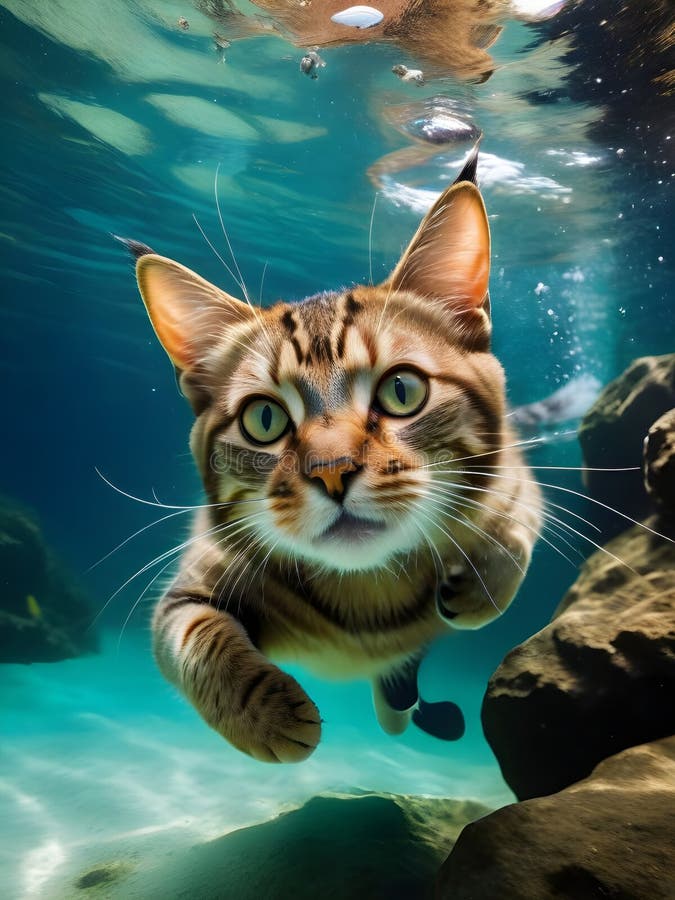 Cute Cat Swimming Underwater in the Ocean Stock Image - Image of blue ...