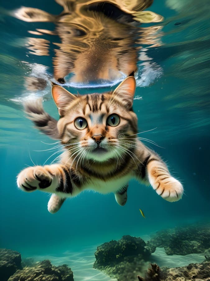 Cute Cat Swimming Underwater Dramatic Photo with an Insane Detailed ...