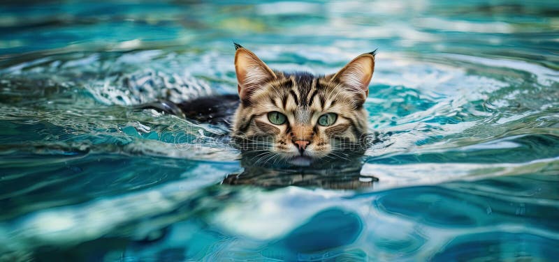 Cute cat swims in a pool stock illustration. Illustration of cute ...