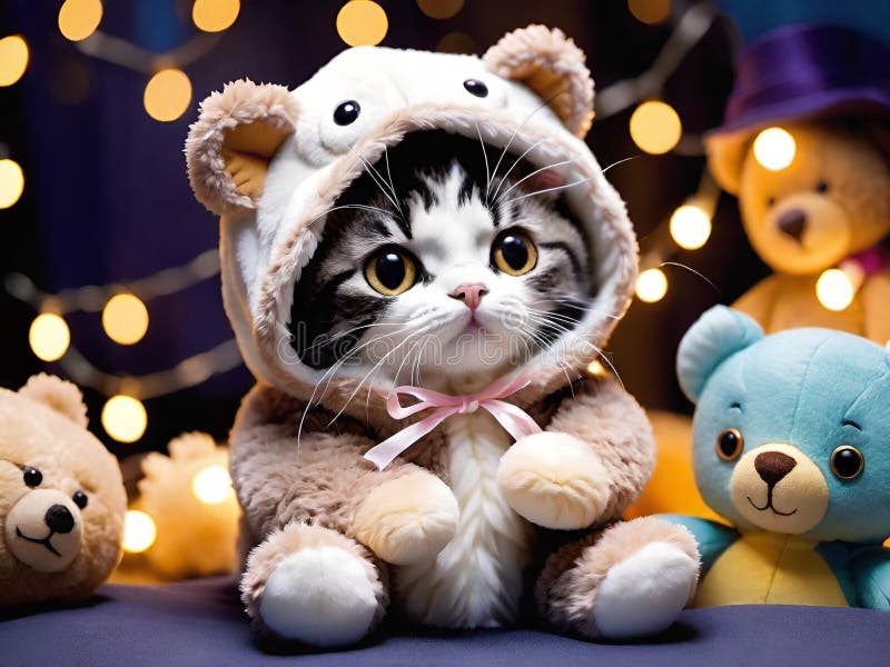 Cute Cat with Teddy Bear and Christmas Decorations Stock Illustration ...