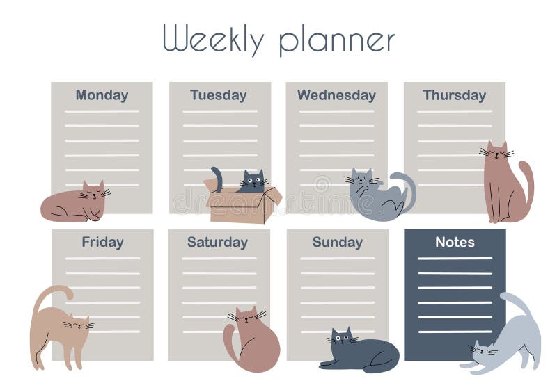 Cute Cat-themed Weekly Planner. Vector Schedule Organizer Cozy Style ...
