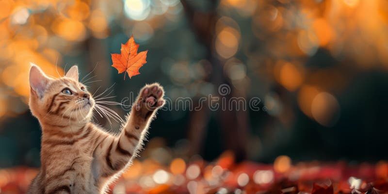 Cute Cat Trying To Catch a Falling Autumn Leaf with Its Paw. Stock ...