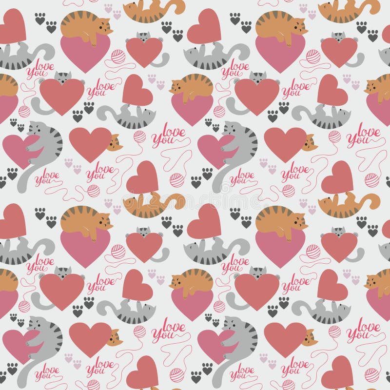 Cute Cat Valentine`s Day Pattern Stock Vector - Illustration of holiday ...
