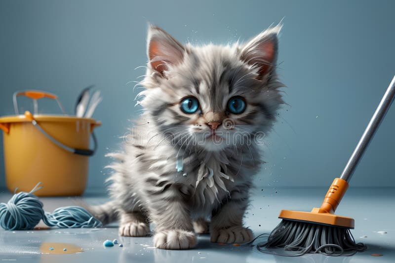 Cute Cat Washes the Floors, Isolated on a Blue Background Stock ...