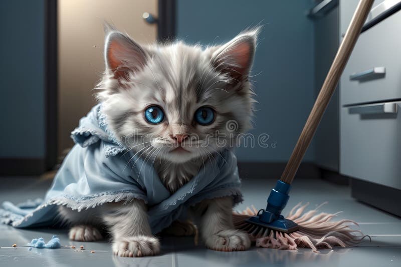 Cute Cat Washes the Floors in the Kitchen Stock Illustration ...