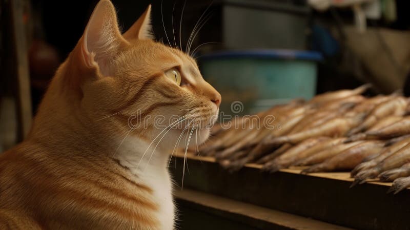 Cute Cat Watching the Fish. Funny Kitten Sniffing the Fish. Generated ...