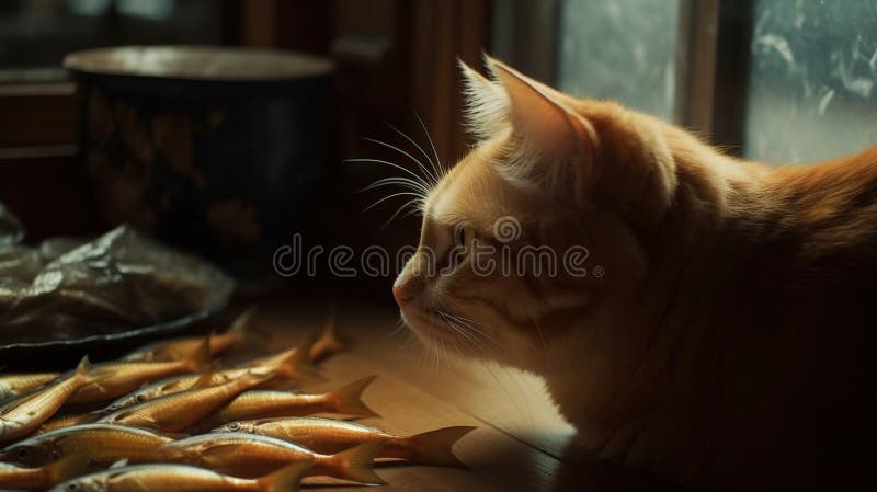 Cute Cat Watching the Fish. Funny Kitten Sniffing the Fish. Generated ...