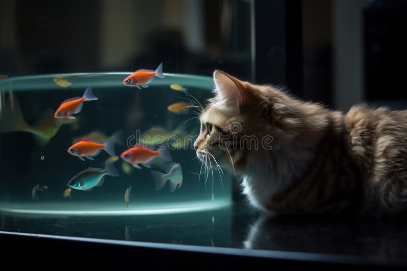 Cute Cat Watching the Fish. Funny Kitten Sniffing the Fish. Generated ...