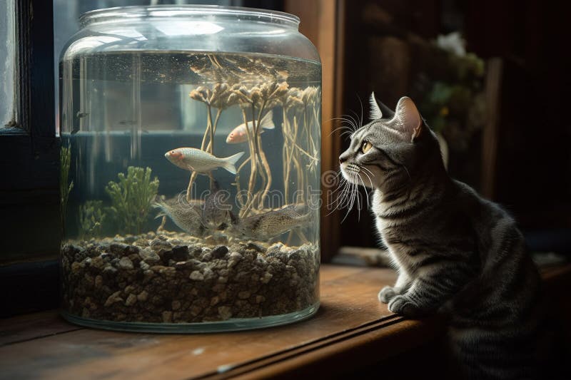 Cute Cat Watching the Fish. Funny Kitten Sniffing the Fish. Generated ...