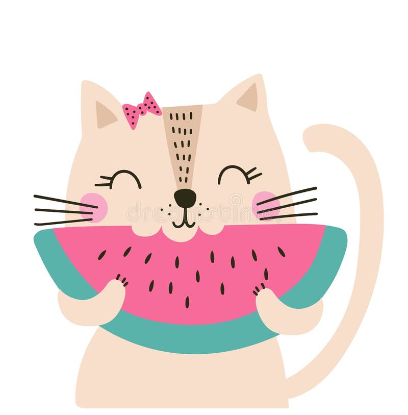 Cute Cat with Watermelon. Vector Illustrations Stock Vector ...