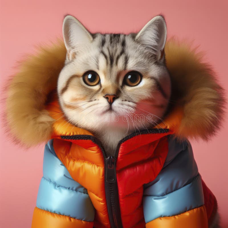 Cute Cat Wearing Bright Puffer Down Jacket. Ai Generative Stock ...