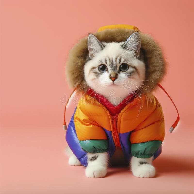 Cute Cat Wearing Bright Puffer Down Jacket. Ai Generative Stock ...