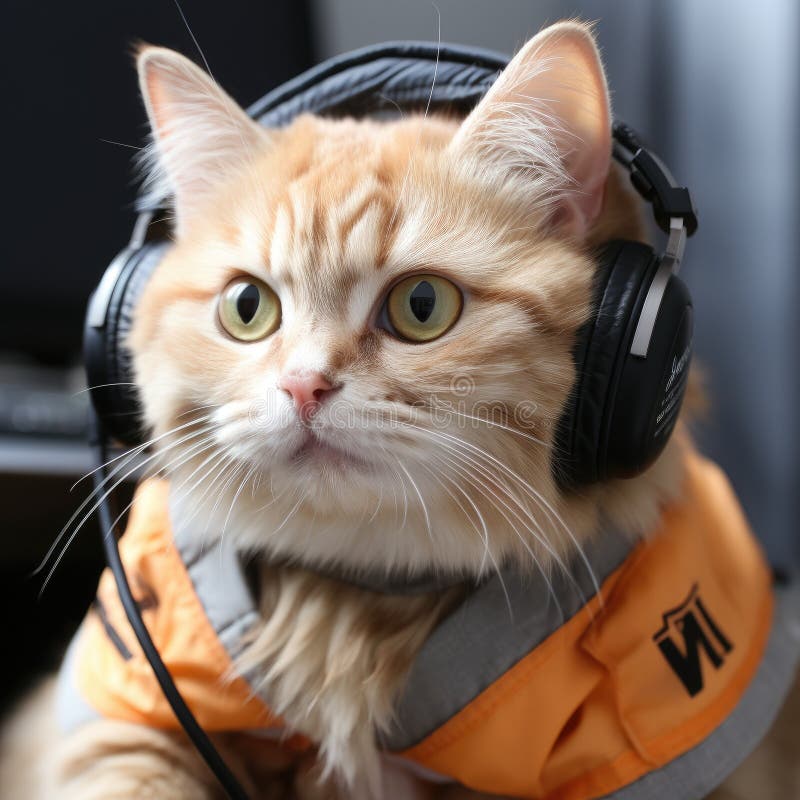 Cute Cat Wearing Call Center Headset with Microphone Stock Illustration ...