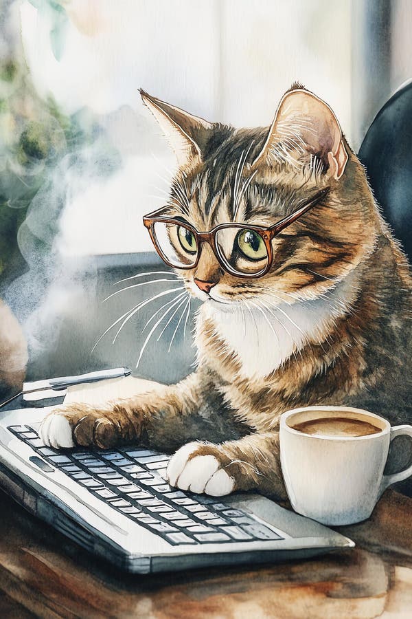 A Cute Cat Wearing Glasses Working on a Laptop with Coffee Generative ...