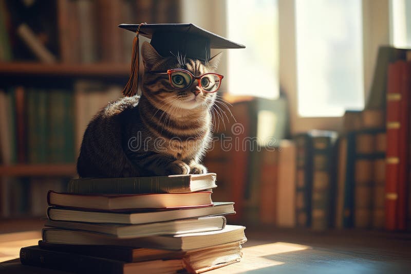 A Cute Cat Wearing a Graduation Cap Sits on a Stack of Books. this ...